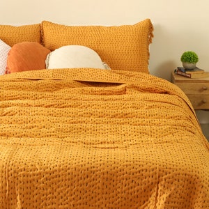 Solid Color Mustard Gold Handmade 100% Cotton Padded Kantha Quilt, Boho ...
