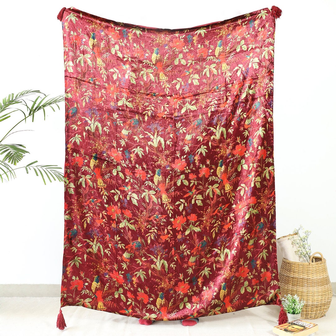 Maroon Bird Printed Velvet Throw Blanket With Tassels Soft Velvet Boho ...
