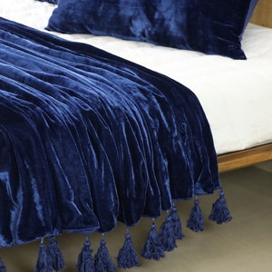 Royal Blue Luxe Velvet Bedspread, Throw Blanket With Handmade Knotted ...