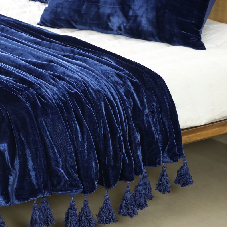 Royal Blue Luxe Velvet Bedspread, Throw Blanket With Handmade Knotted ...