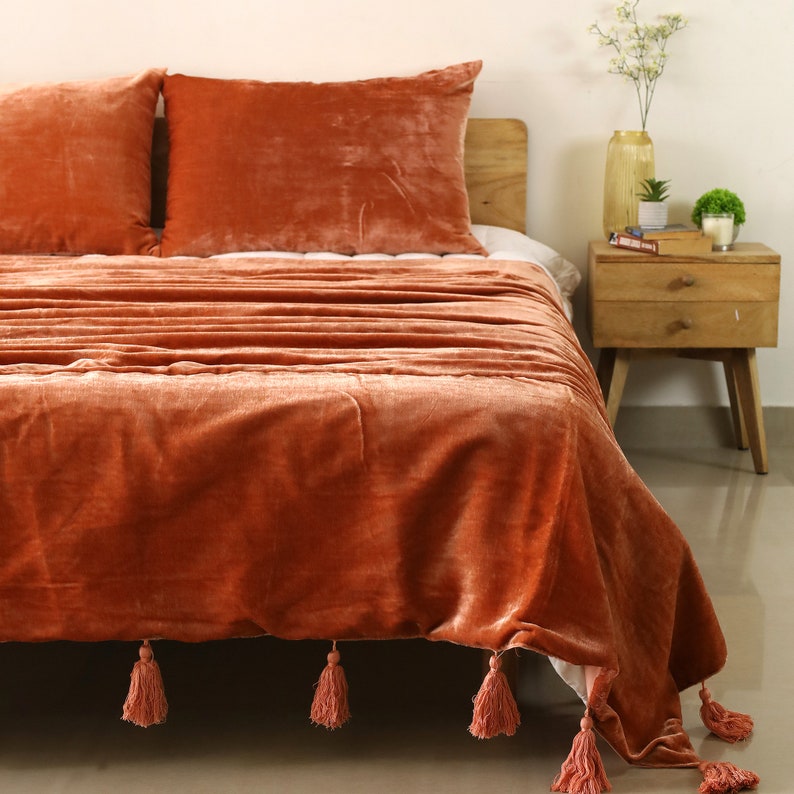Terracotta Velvet Bedspread Velvet Throw Blanket With Handmade Knotted ...
