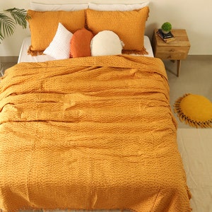 Solid Color Mustard Gold Handmade 100% Cotton Padded Kantha Quilt, Boho ...