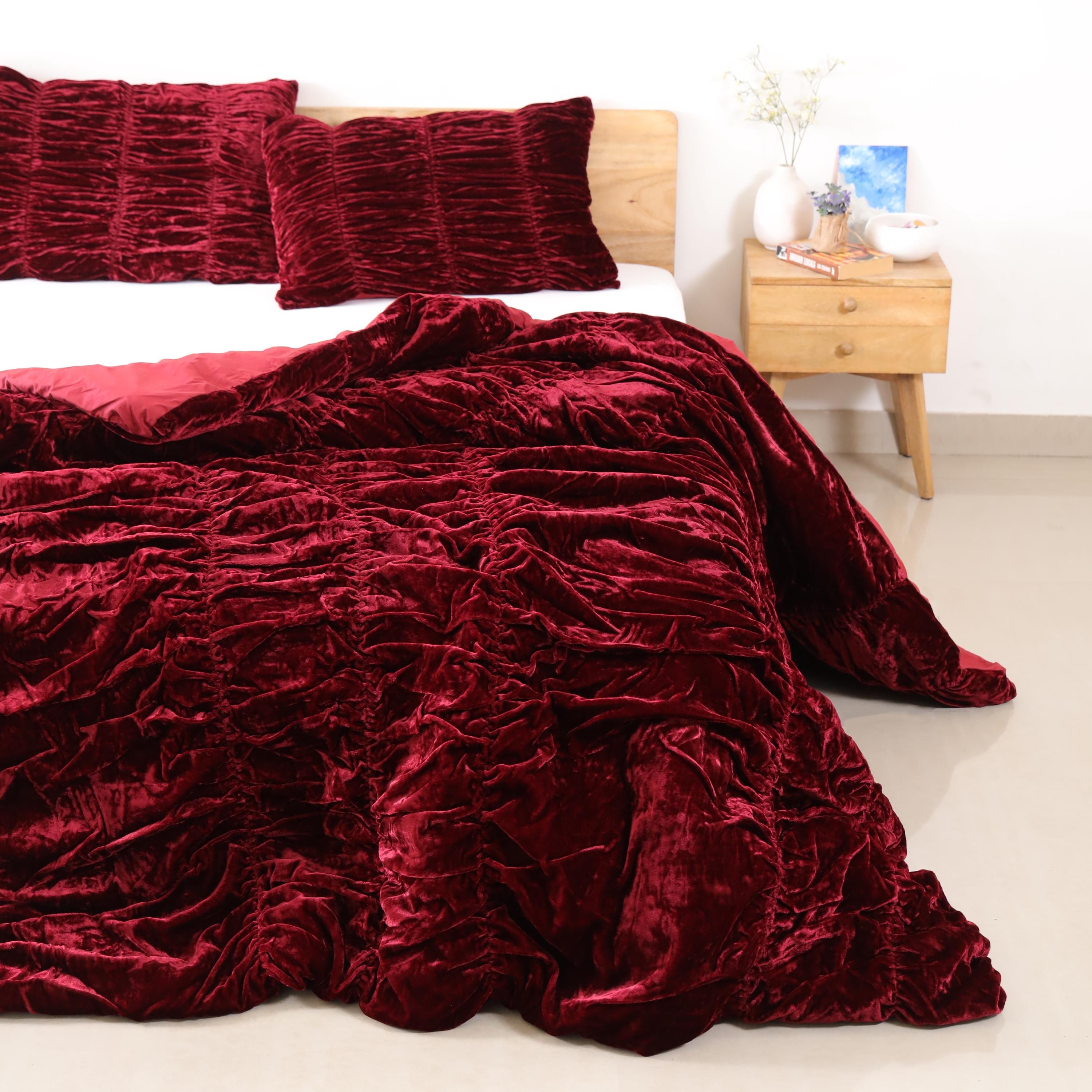 Maroon Luxe Velvet Wrinkled Duvet Cover, Boho Bedding Comforter Cover ...