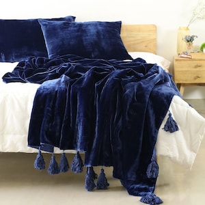 Royal Blue Luxe Velvet Bedspread, Throw Blanket With Handmade Knotted ...