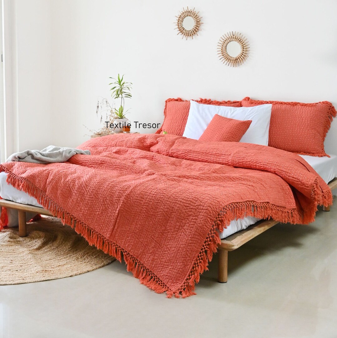 Rust Orange Handmade 100% Cotton Solid Color Padded Kantha Quilt Boho ...