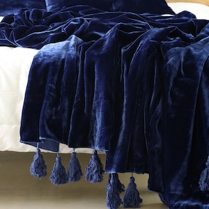Royal Blue Luxe Velvet Bedspread, Throw Blanket With Handmade Knotted ...
