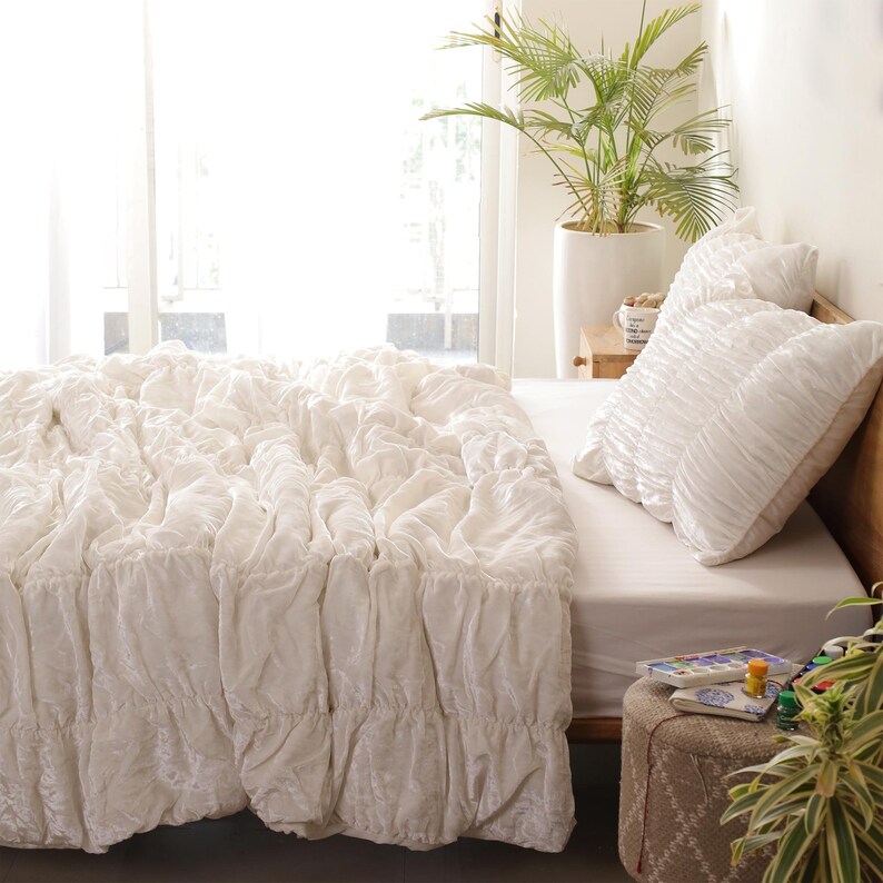 Ivory / off White Luxe Velvet Wrinkled Duvet Cover, Boho Bedding ...