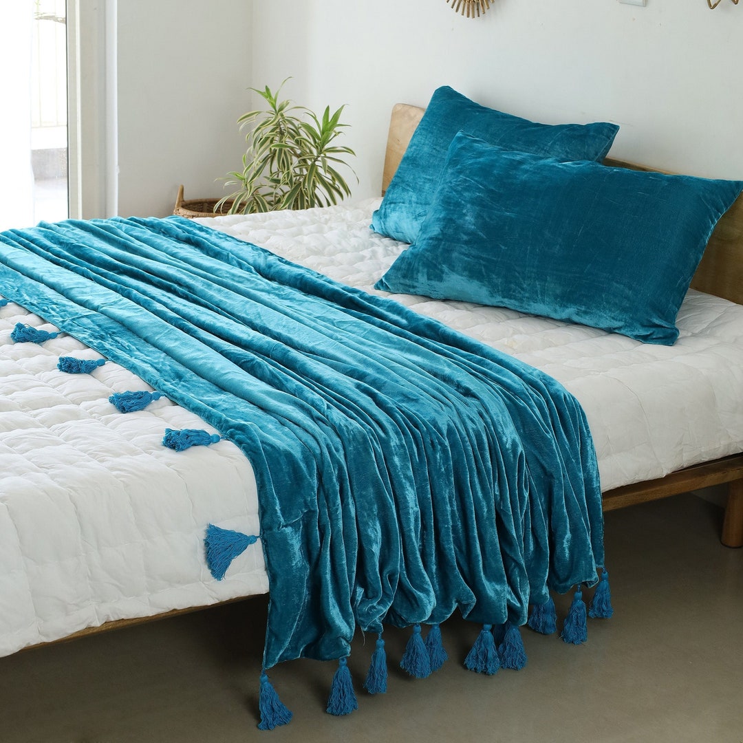 Turquoise Blue Luxe Velvet Bedspread, Throw Blanket With Handmade ...