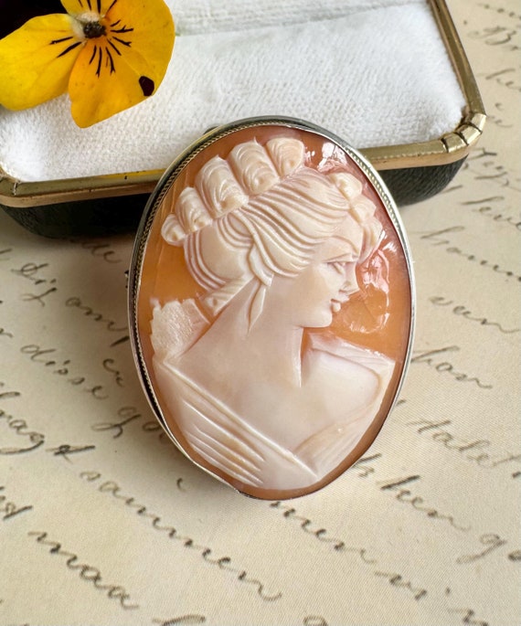 Antique 800 Silver Large Shell Lady Cameo Brooch Pend… - Gem