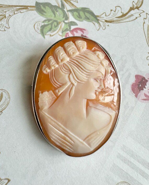 Antique 800 Silver Large Shell Lady Cameo Brooch Pend… - Gem