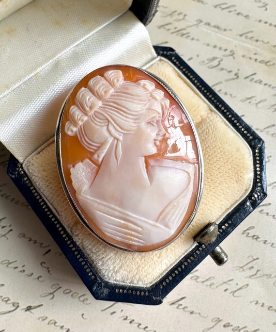 Antique 800 Silver Large Shell Lady Cameo Brooch Pend… - Gem