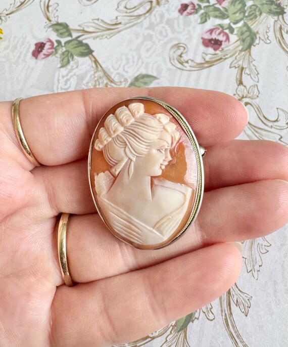 Antique 800 Silver Large Shell Lady Cameo Brooch Pend… - Gem
