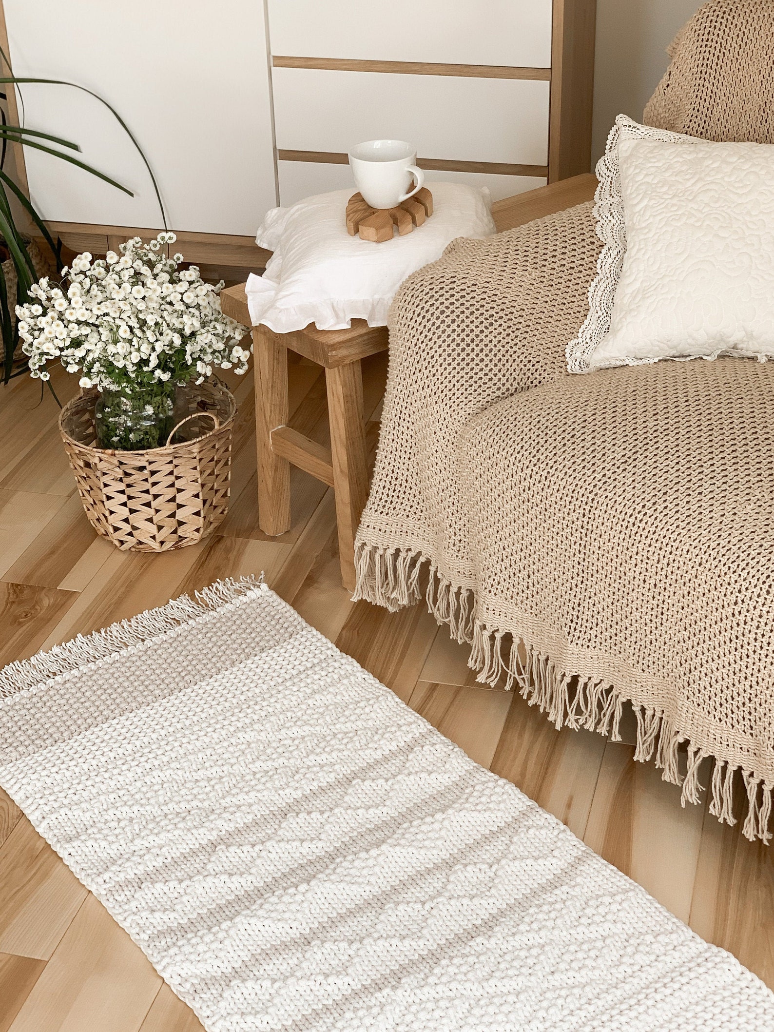 Knitted Boho Rug Boho Home Dimond Boho With Fringe Cotton | Etsy