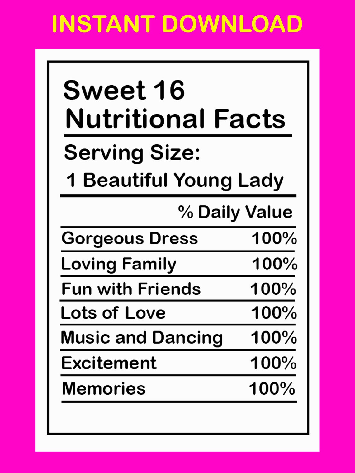 Sweet 16 Nutrition Facts, JPG File, Birthday Facts, Birthday Chip Bag ...