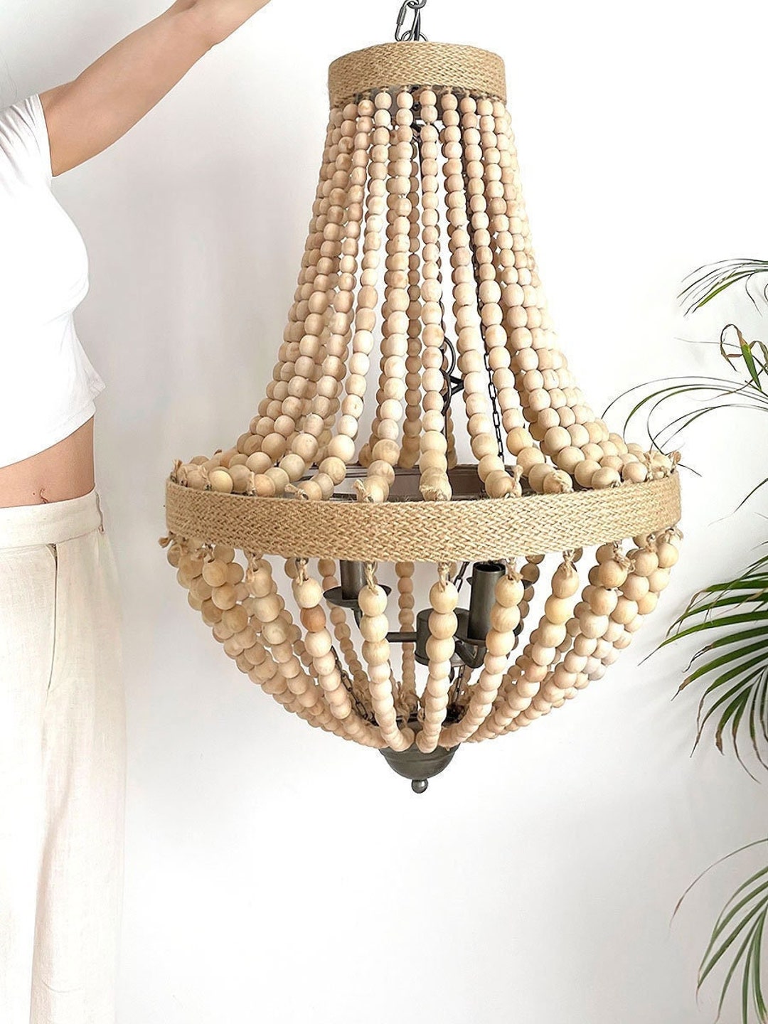 Wooden Beads Lighting. Custom Size Bohemian Chandelier. Wood and Iron ...
