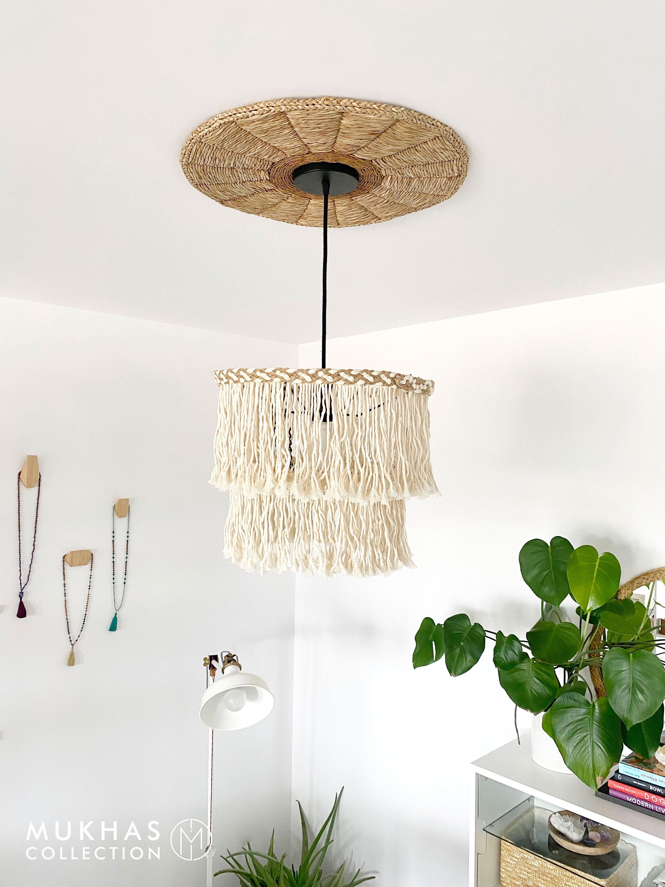 Natural Fiber and Macrame Chandelier. Custom Color Pendant Light ...