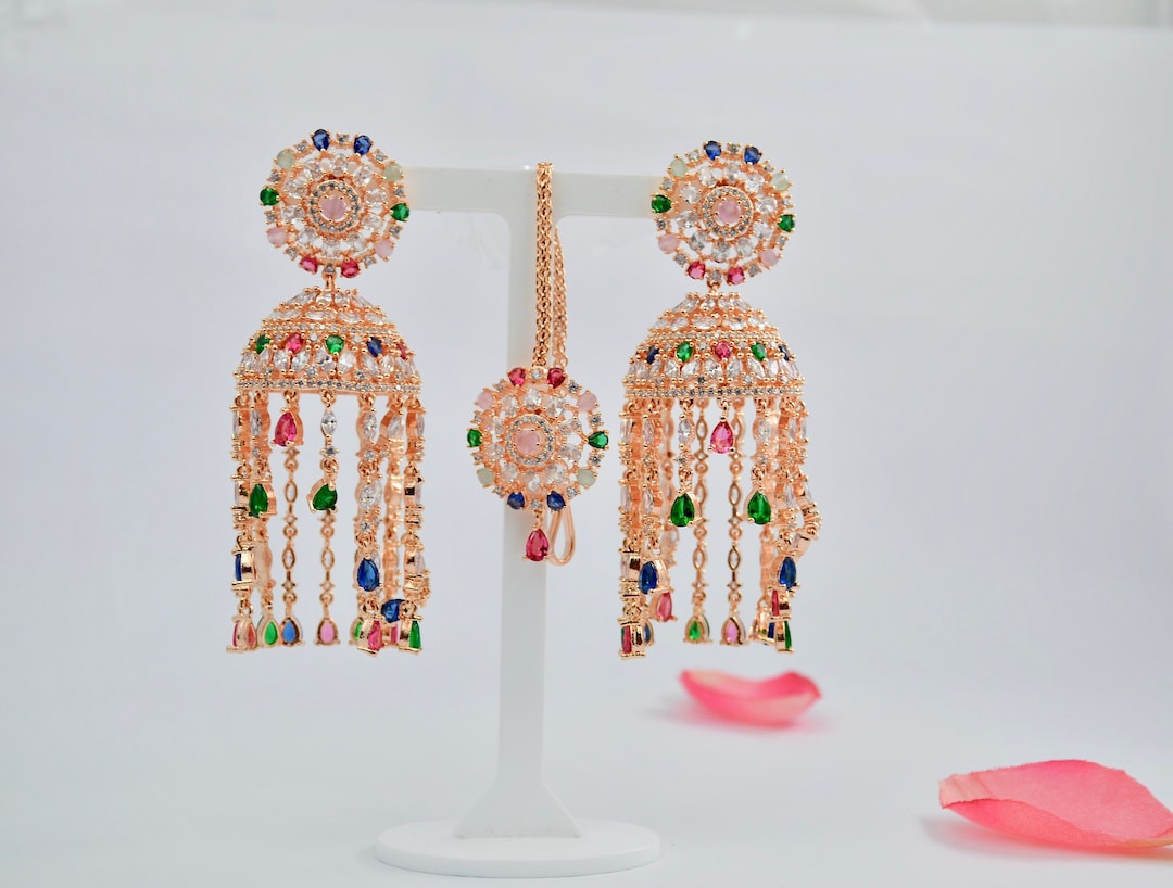 Multi Colour Jhumka Set |rose Gold Jhumka Earrings |american Diamond CZ ...