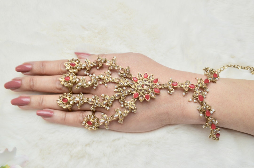 Red Polki Haath Phool Four Fingers Ring Haath Phool Bracelet Indian ...