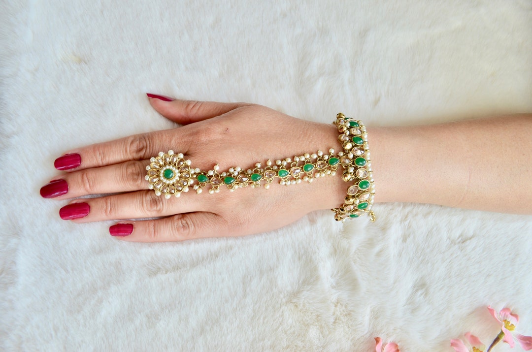 Green Polki Haath Phool Gold Plated Haath Phool Haath Panja Indian ...