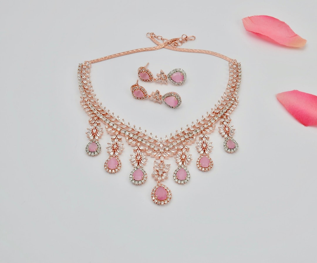 Rose Gold Pink Jewelry Set/ American Diamond CZ / Necklace Set - Etsy