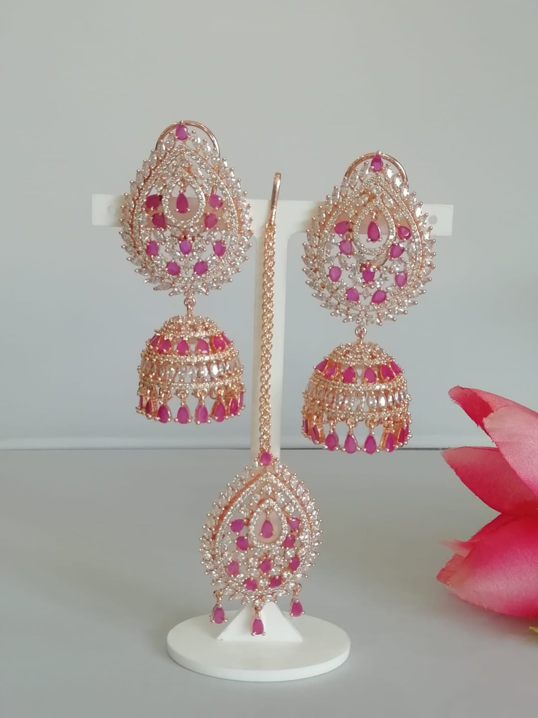 Jhumka Tika Set , Rose Gold Plated Ruby Jhumka , American Diamond CZ ...