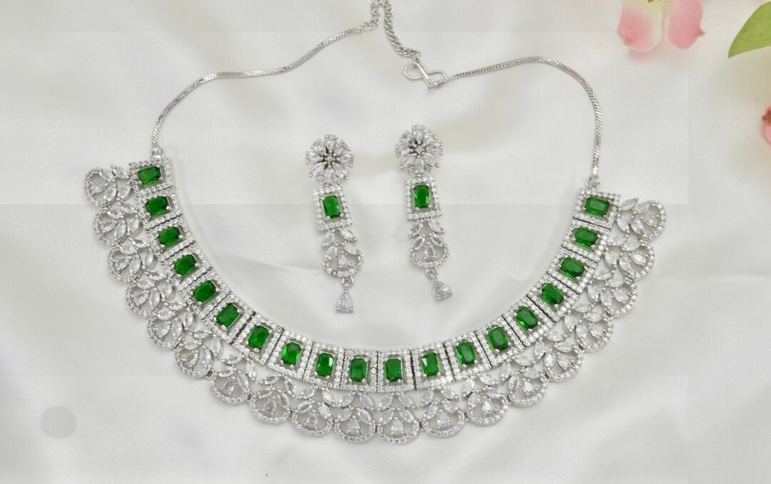 Emerald Green Necklace Set | American Diamond Necklace Set | Silver ...
