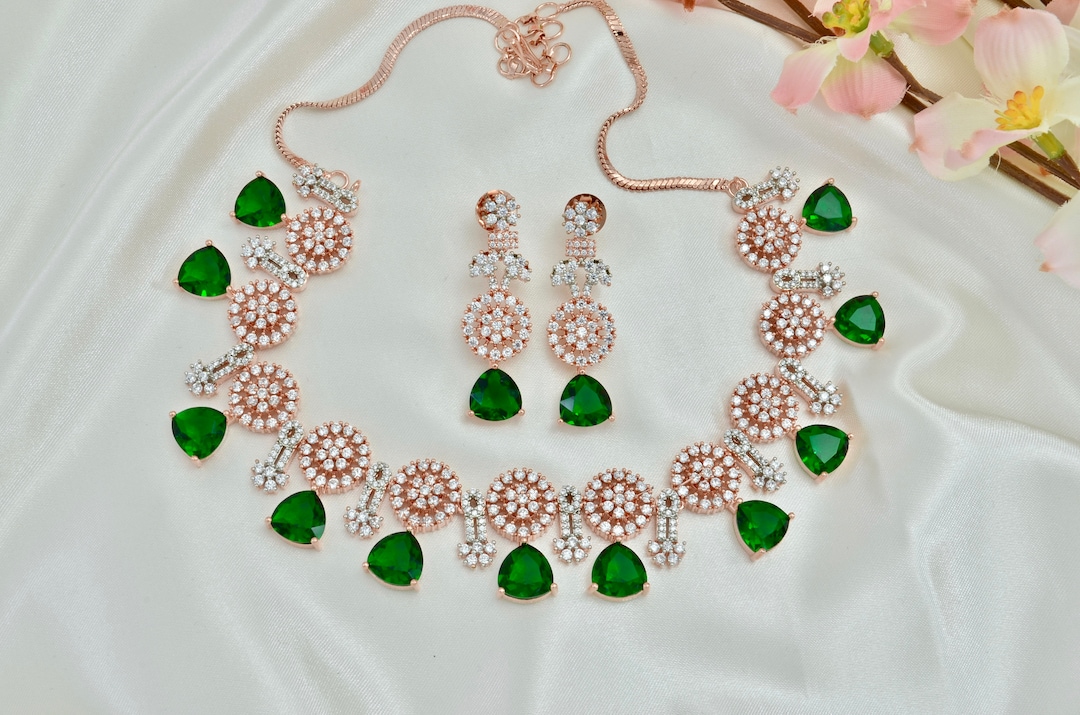 Buy Emerald Green Jewellery Set | Rose Gold Necklace Set | American ...