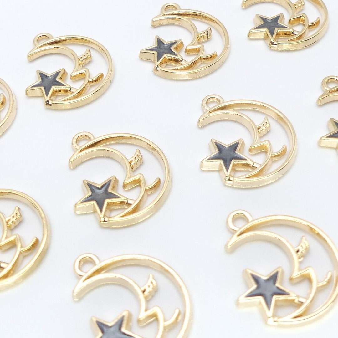 10 Gold Moon With Black Enamel Star Charms Moon and Star - Etsy