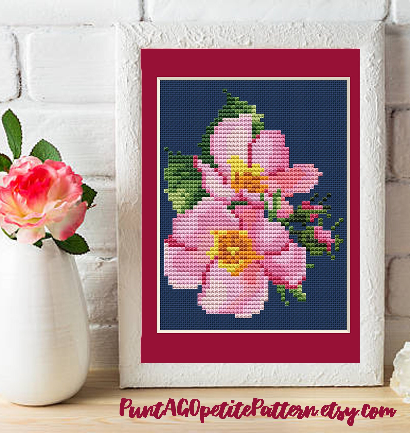 Petite point dog rose flower cross stitch pdf pattern | Etsy