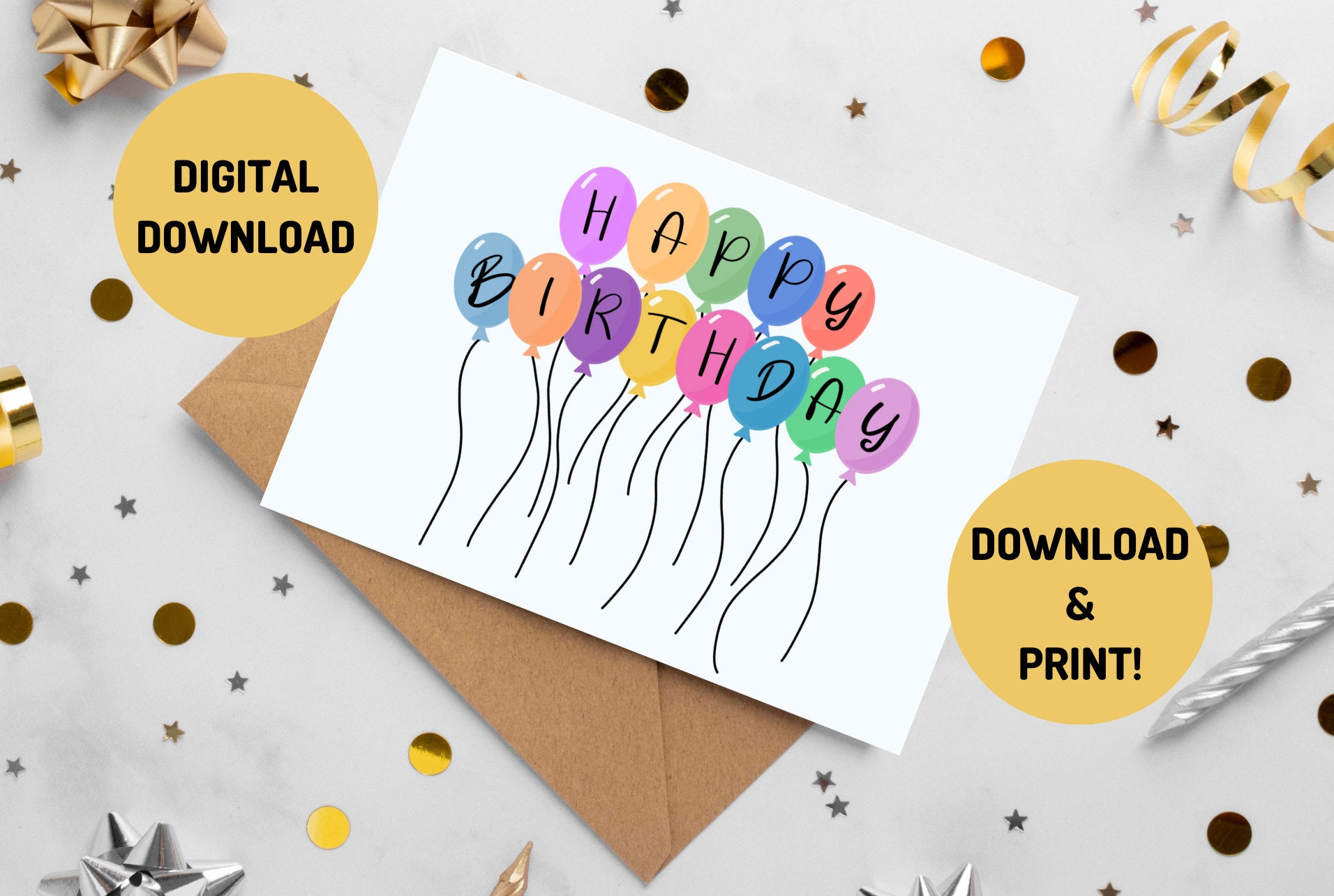 Happy Birthday Balloons Printable Card, Instant Download, Balloons ...