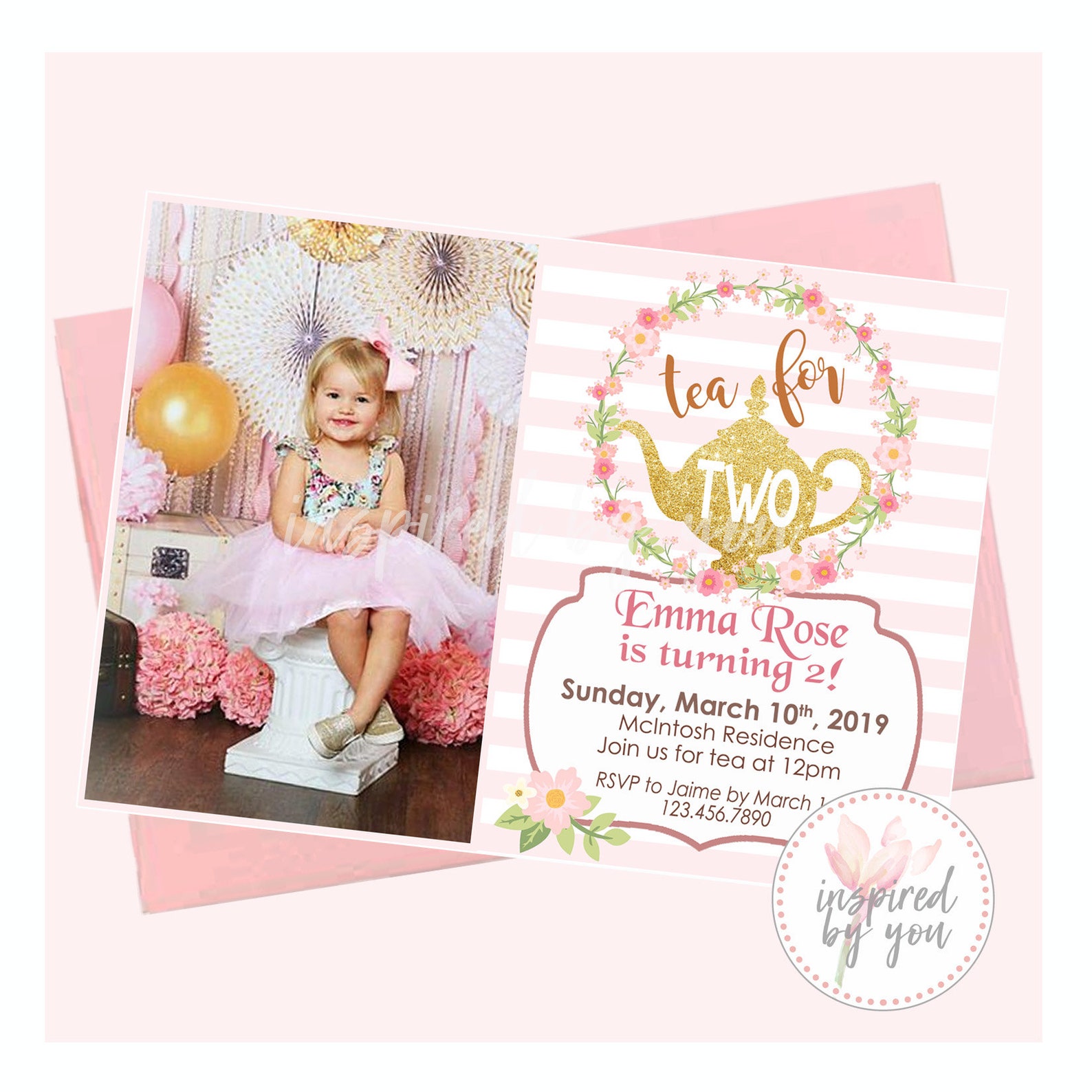Tea for Two Birthday Invitation Tea Party Girl Invite Pink - Etsy