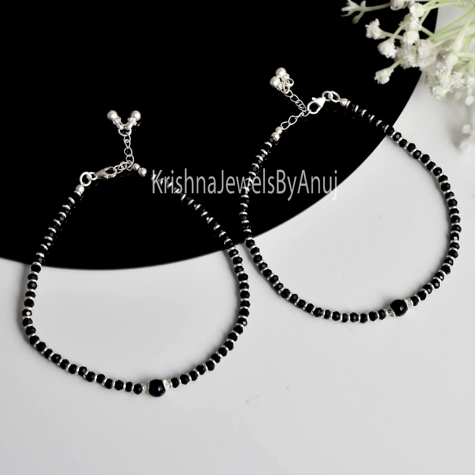 Silver Black Beads Anklet - 925 Sterling Silver Black Beaded Anklet ...