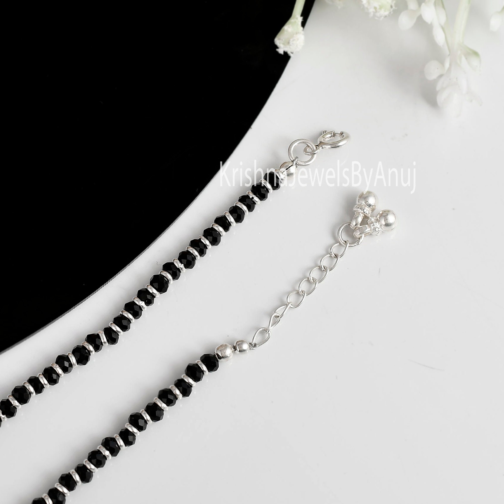 Silver Black Beads Anklet - 925 Sterling Silver Black Beaded Anklet ...