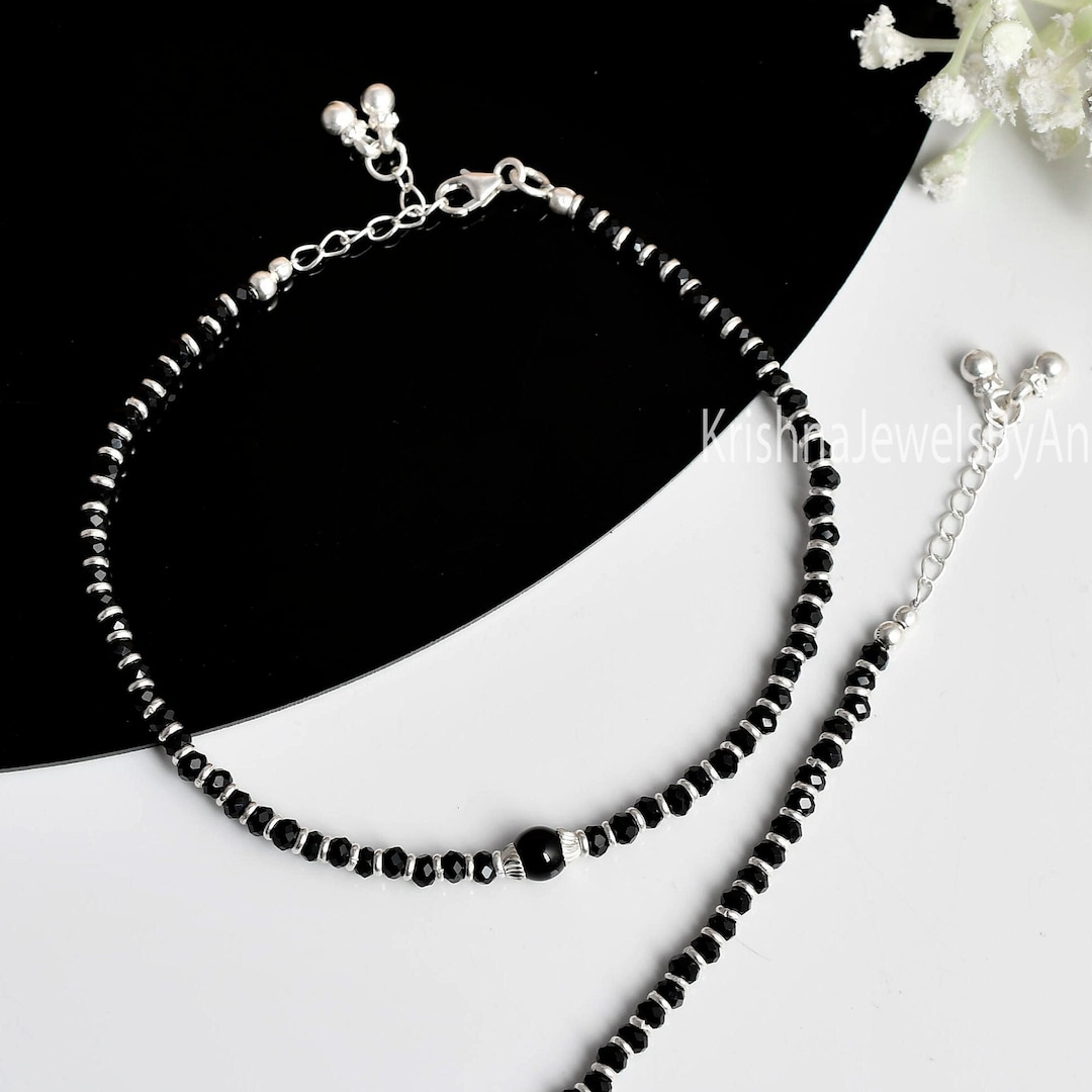 Silver Black Beads Anklet - 925 Sterling Silver Black Beaded Anklet ...