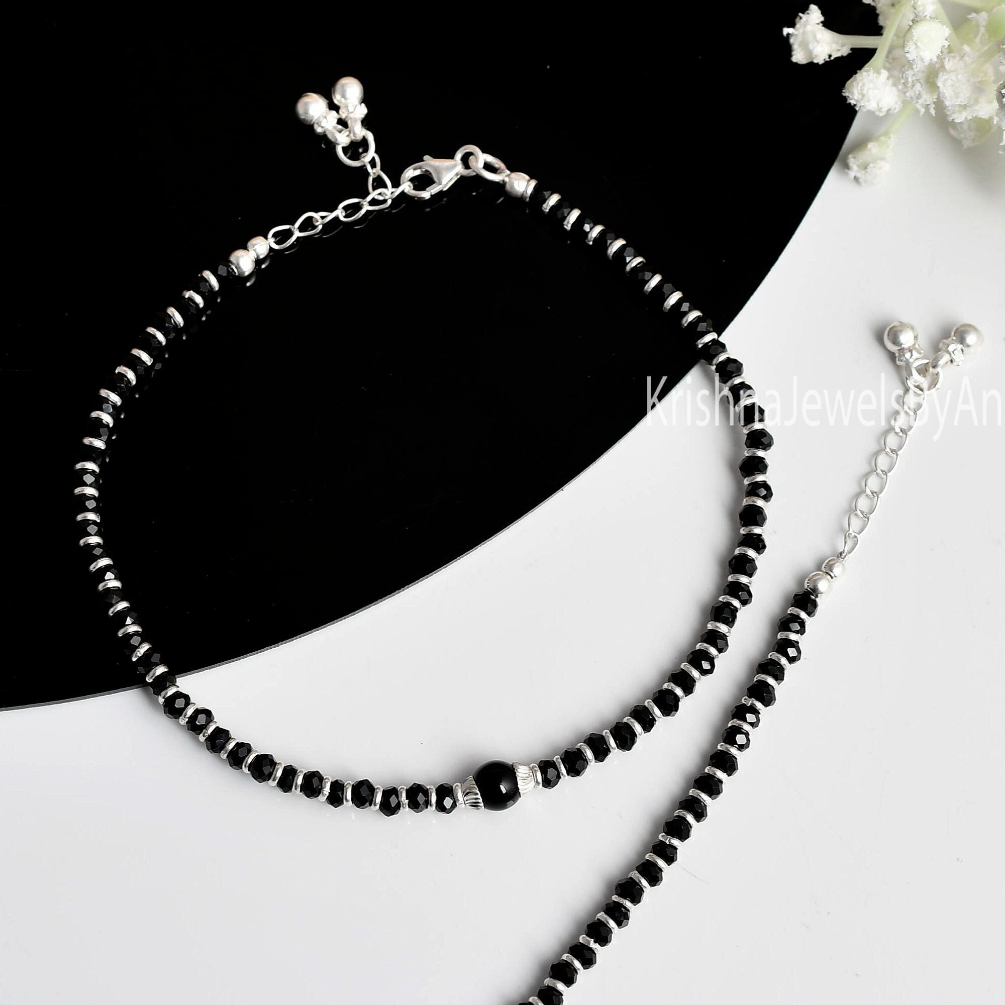 Silver Black Beads Anklet - 925 Sterling Silver Black Beaded Anklet ...