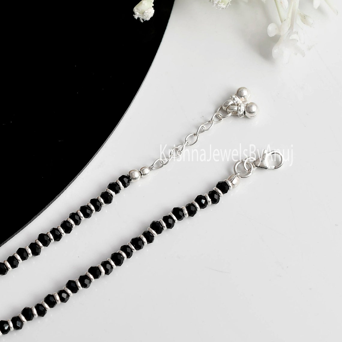 Silver Black Beads Anklet - 925 Sterling Silver Black Beaded Anklet ...