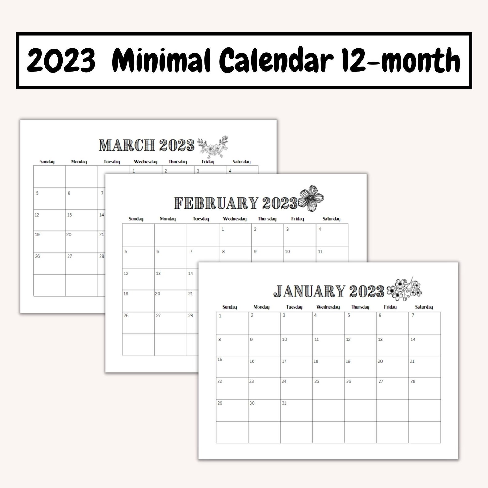 Printable Calendar, 2023, Dated, 12 Month, Fillable, Simple, Digital ...