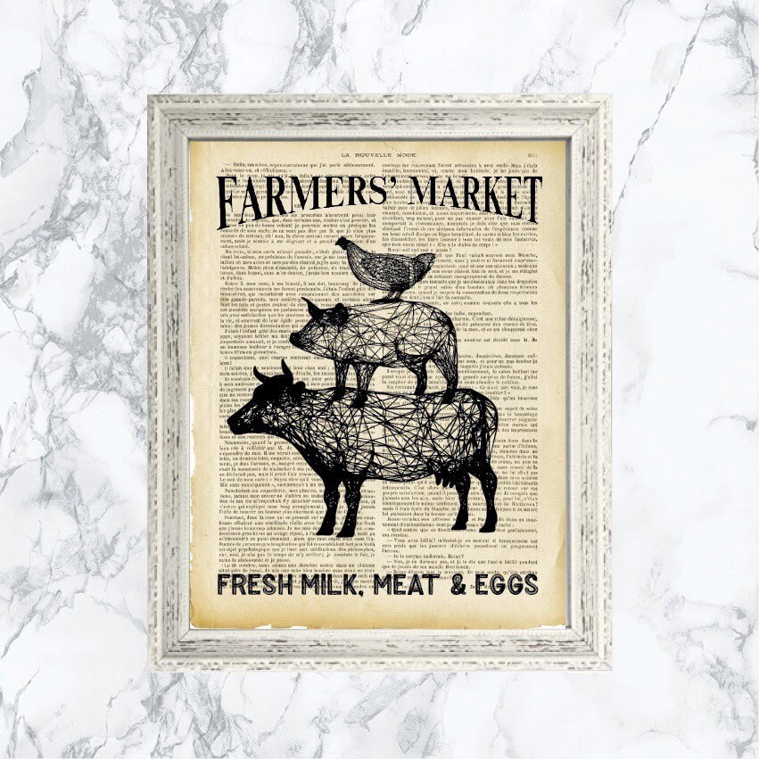 Farm Animal Kitchen Print Vintage Farmers Market Poster Cow | Etsy