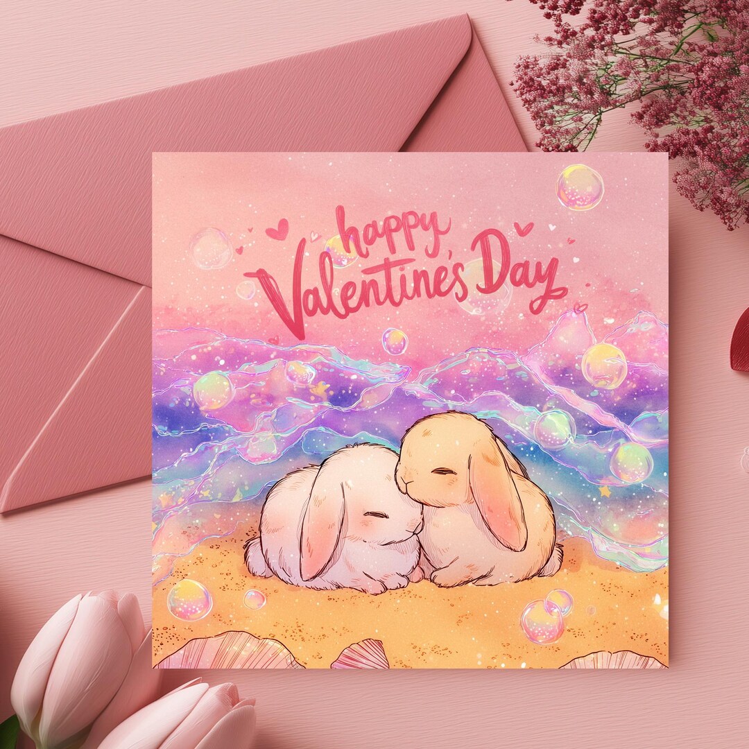 Bunny Valentine Printable Card, Rabbit Love Illustration, Square ...