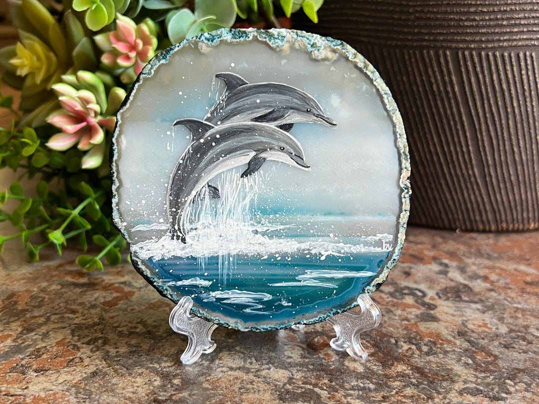 Dolphin Painting HAND PAINTED AGATE Slice Rock Stone Original Art ...