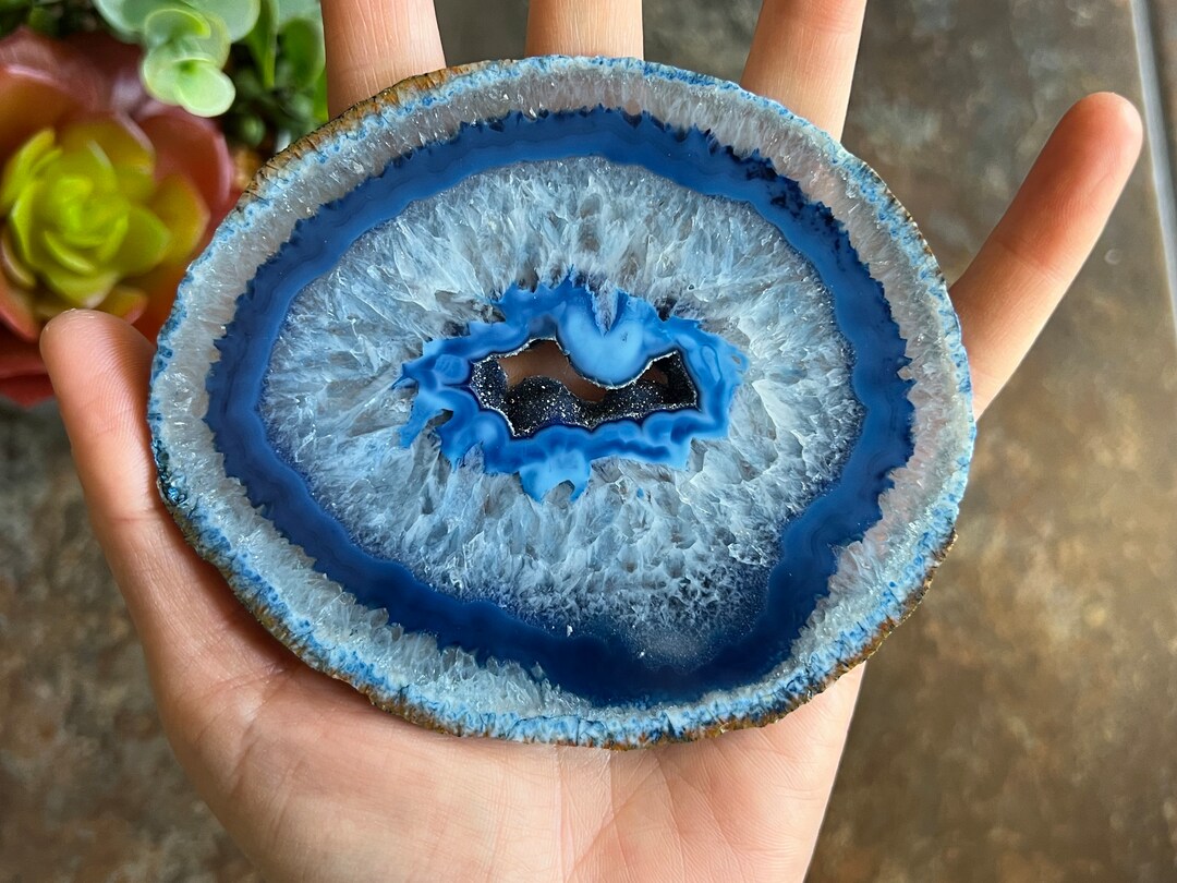Blue Agate Slice W/ Quartz A GRADE Dyed Agate Crystal Geode Mineral ...