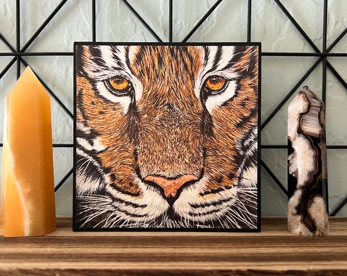 Tiger Wood Art Block ~ Original Print Mounted on a Self Standing Wood ...
