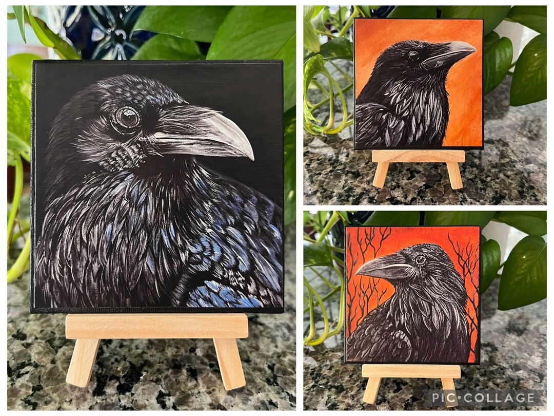 Raven PRINT Art Mounted on Canvas Panel Bird Wildlife ORIGINAL Art Gift ...