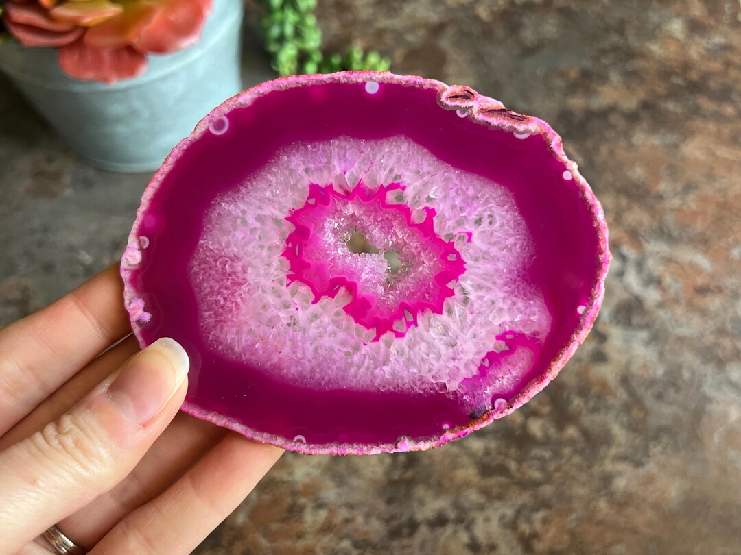 Pink Agate Slice W/ Quartz Druzy | Natural A GRADE Dyed Agate Geode ...