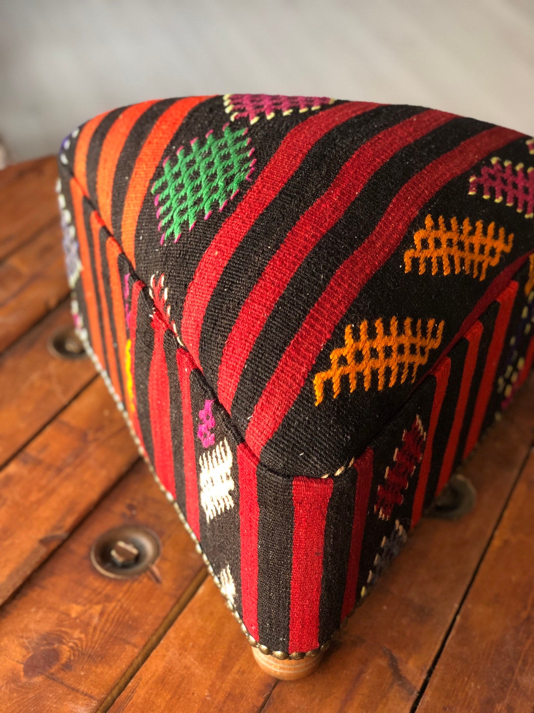 Kilim Ottoman Stool / Kilim Foot Rest / Beech Wood Stool /vintage ...