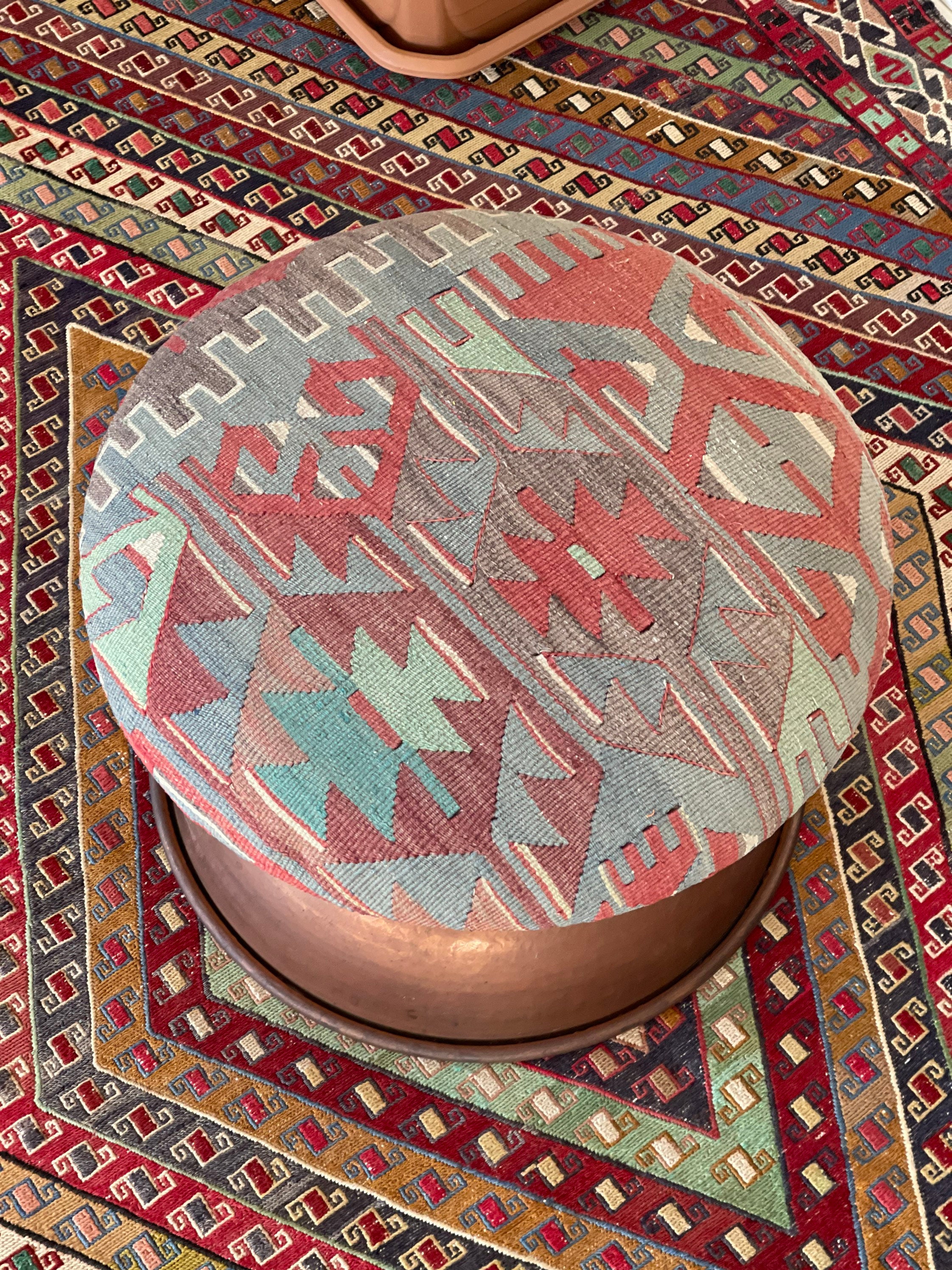 Kilim With Antique Copper Ottoman Stool /ottoman Stool/beech | Etsy