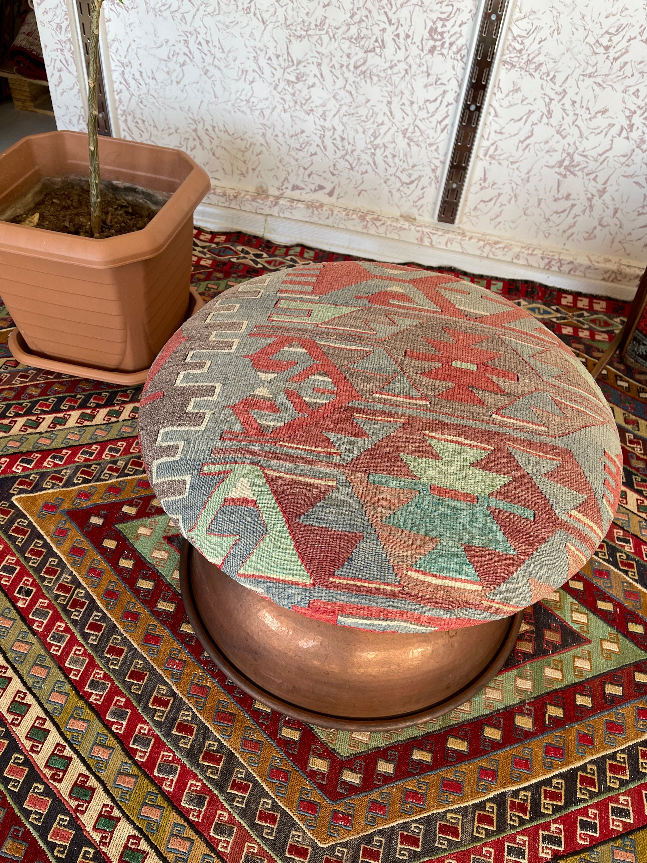 Kilim With Antique Copper Ottoman Stool /ottoman Stool/beech | Etsy