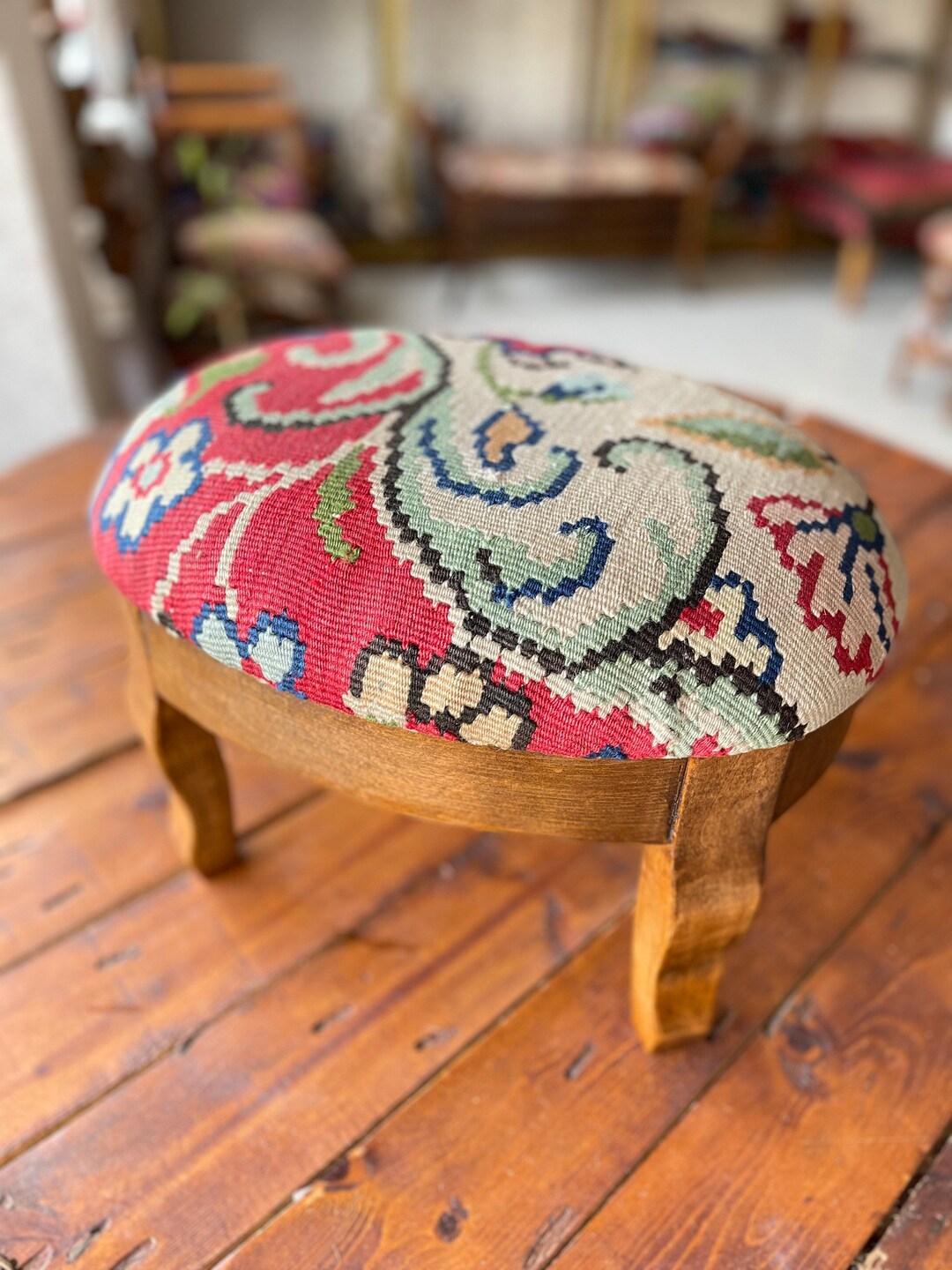 Kilim Oval Ottoman Stool, Kilim Coffee Table, Kilim Foot Rest, Beech ...