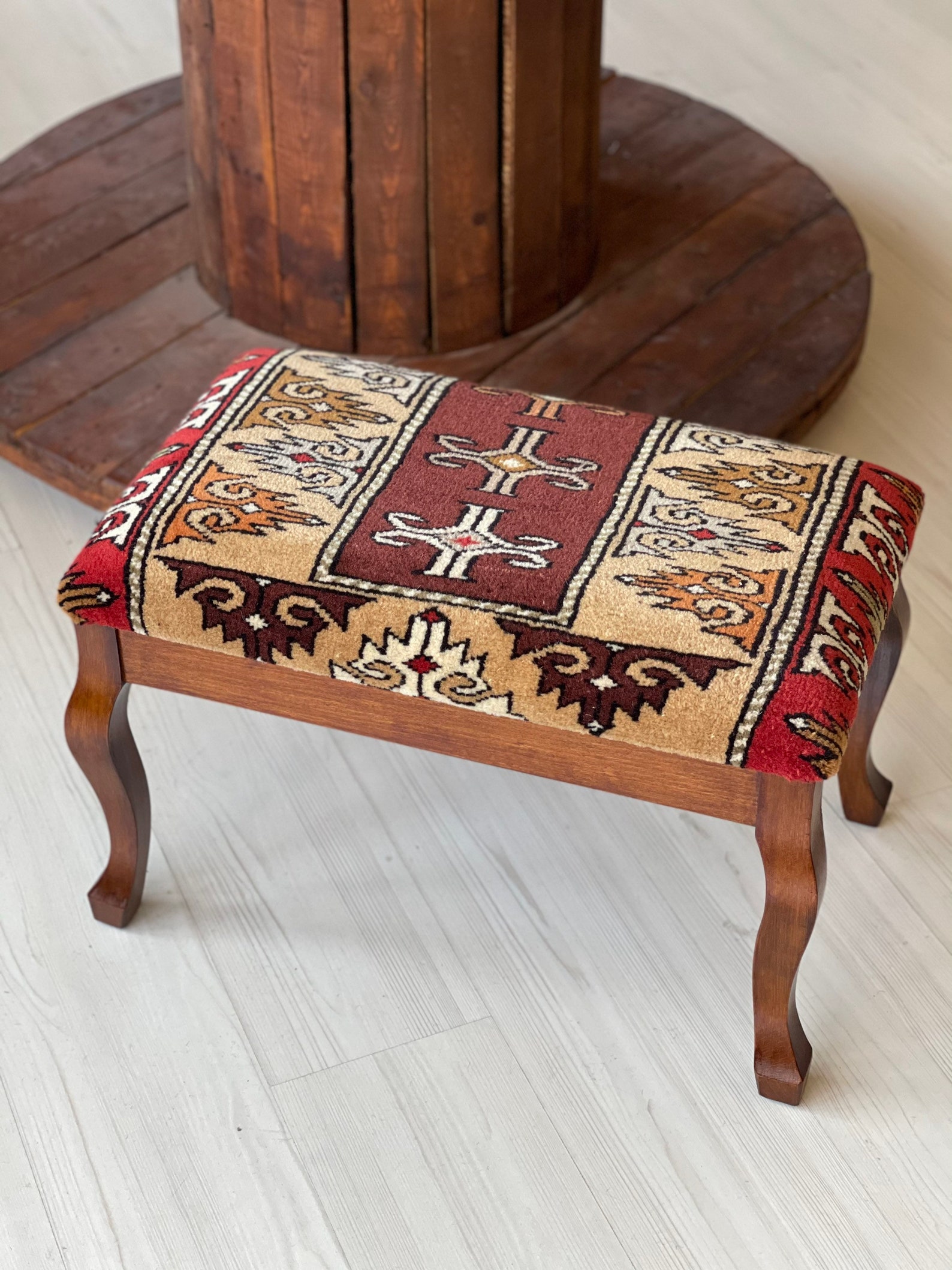 Vintage Carpet Stool: Beech Wood Ottoman, Turkish Decor - Etsy