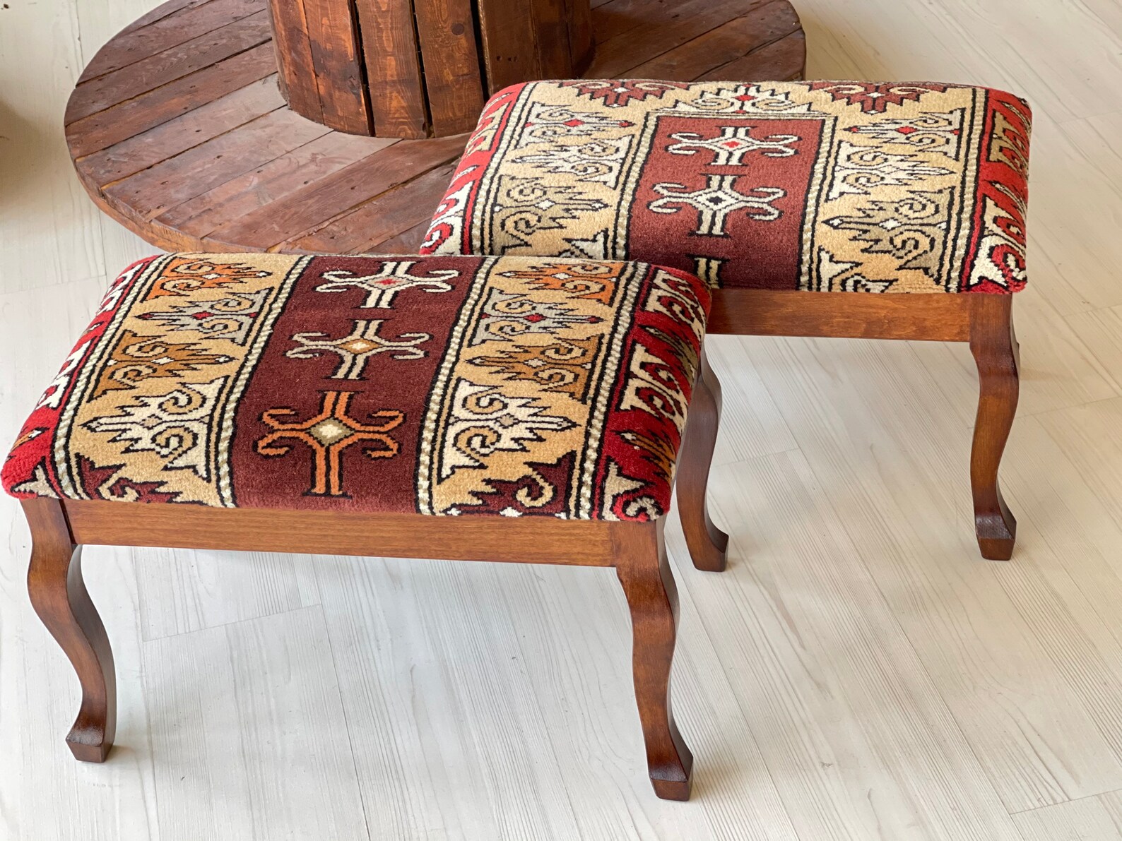 Vintage Carpet Stool: Beech Wood Ottoman, Turkish Decor - Etsy